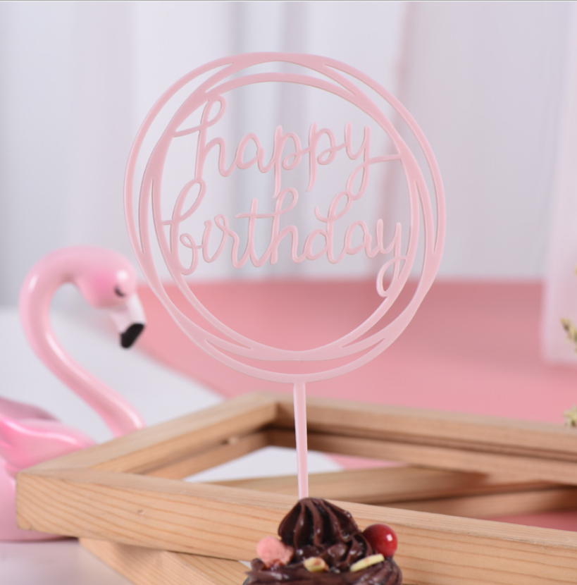 Cake Topper Round Pink Happy Birthday